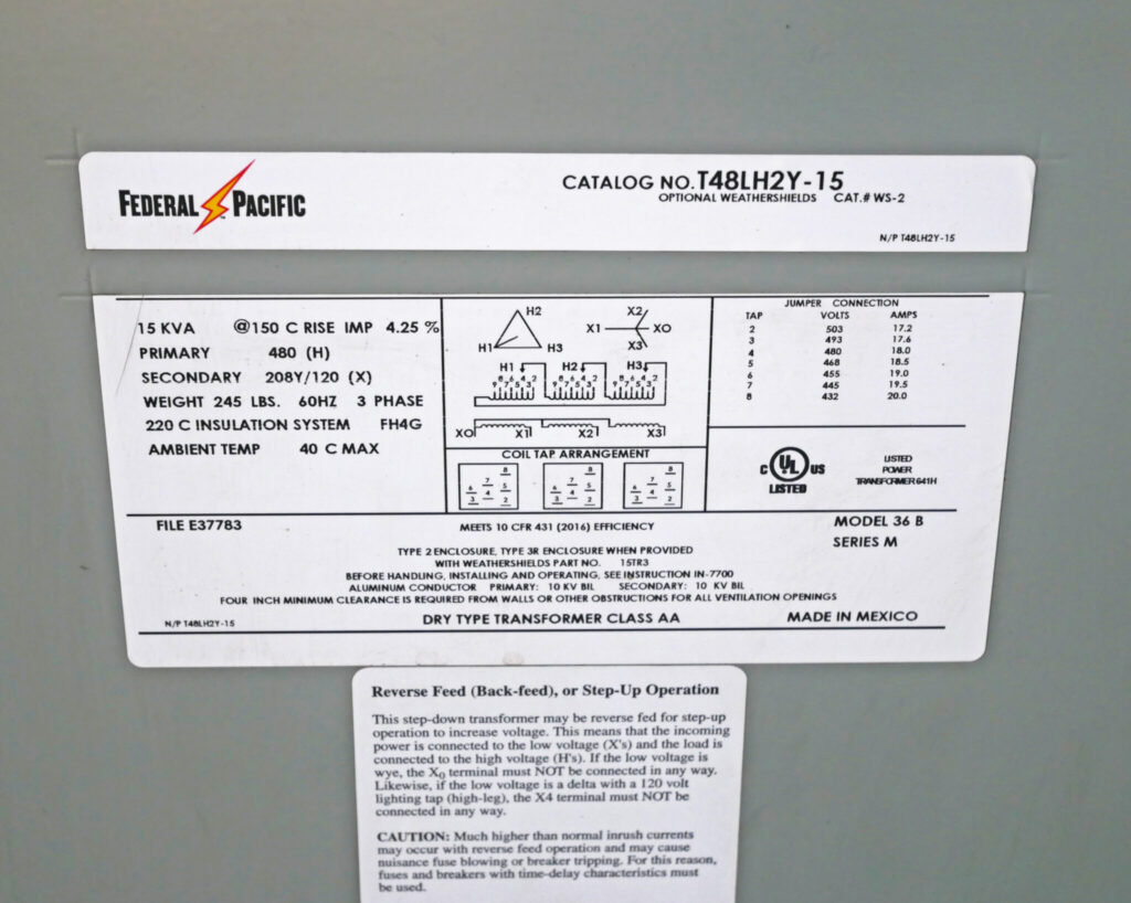 Federal Pacific Series M 15 KVA Three Phase Dry Type Transformer, Model ...